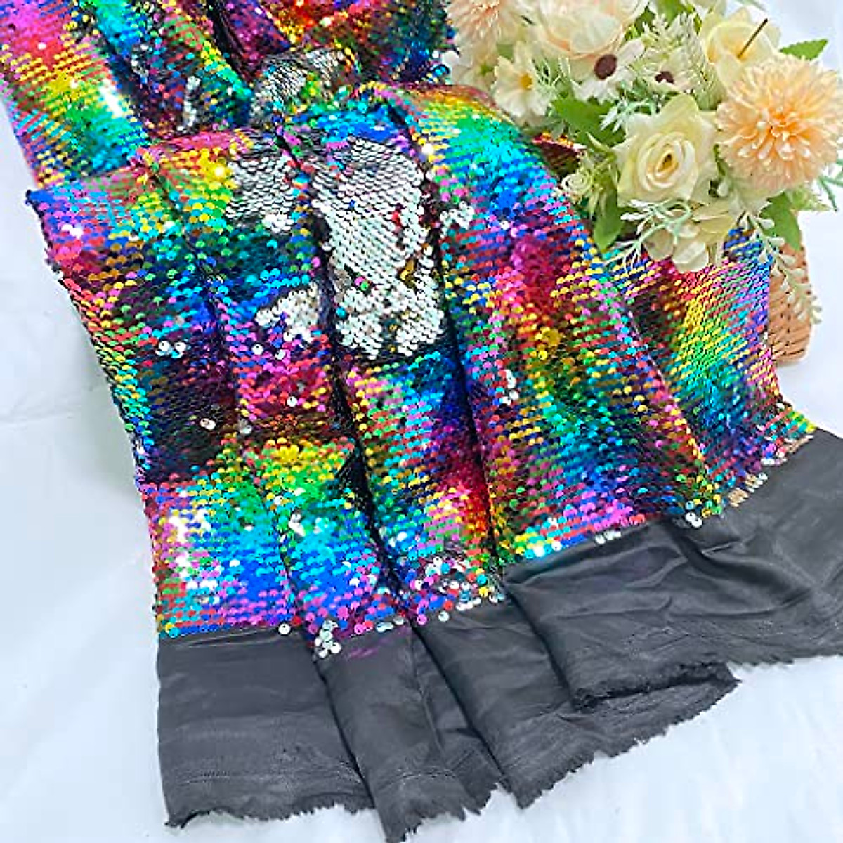 Reversible Sequin Fabric by The Yard Rainbow to Silver Flip Up Sequins Rainbow Two Tone Changing Color Fabric Glitter Fabric for Sewing Rainbow Mermaid Fabric