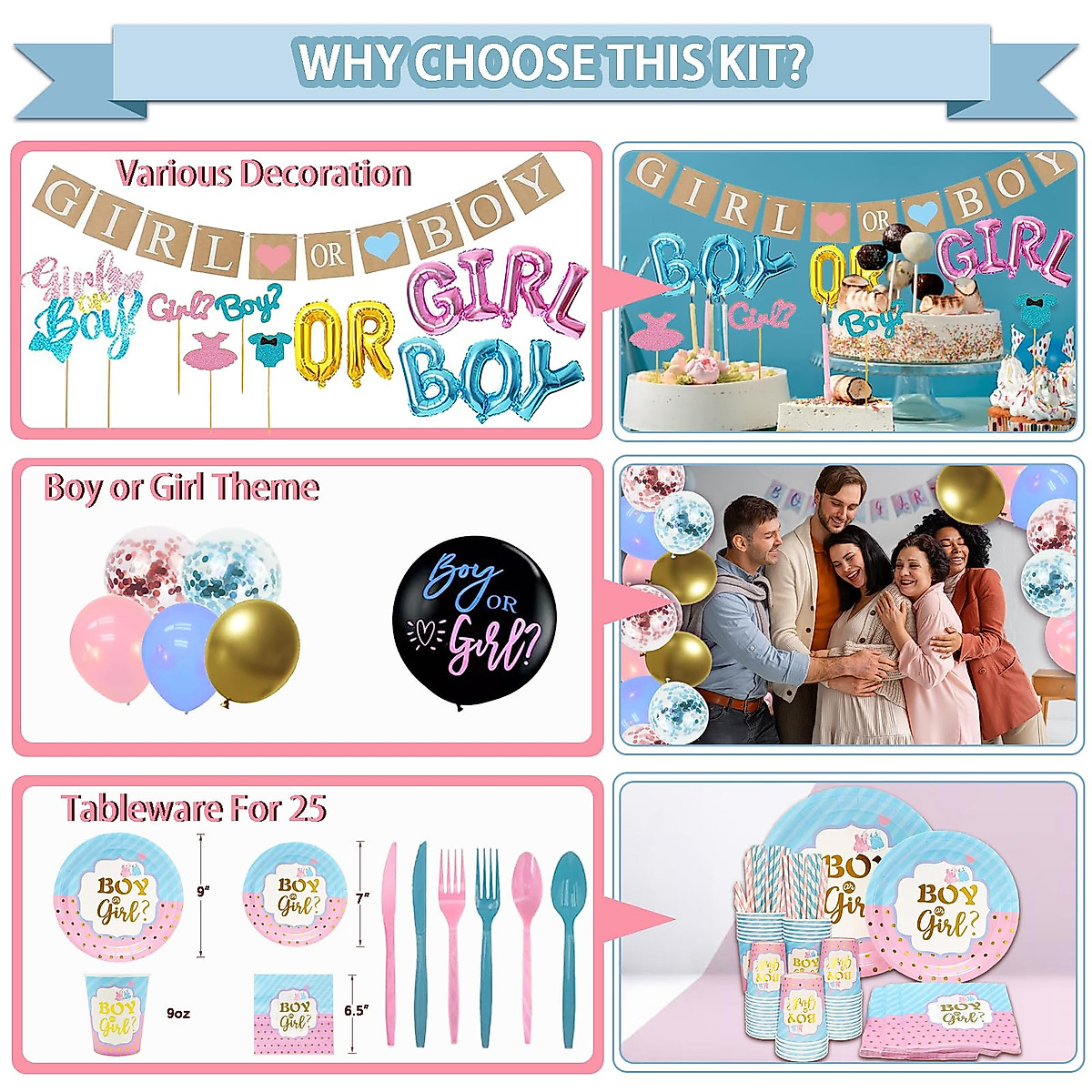 Guudmua 312 Pcs Gender Reveal Decorations, Baby Gender Reveal Party Supplies- Disposable Dinnerware Set With Pink and Blue (25 Guest), Boy or Girl Banner, Balloon, Sash, Cake Topper, Photo Props
