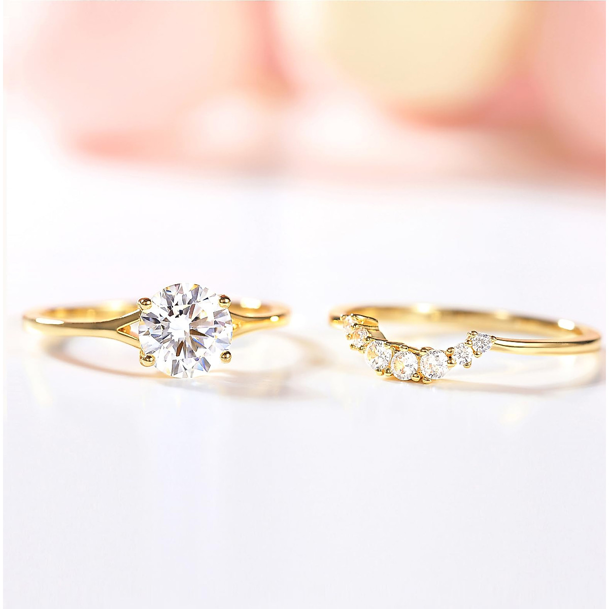 TIGRADE 2CT Cubic Zirconia Wedding Band for Women 14K Gold Plated CZ Promise Ring Curved Round Shaped Bridal Ring Sets Size 3-12, Gold, Size 6