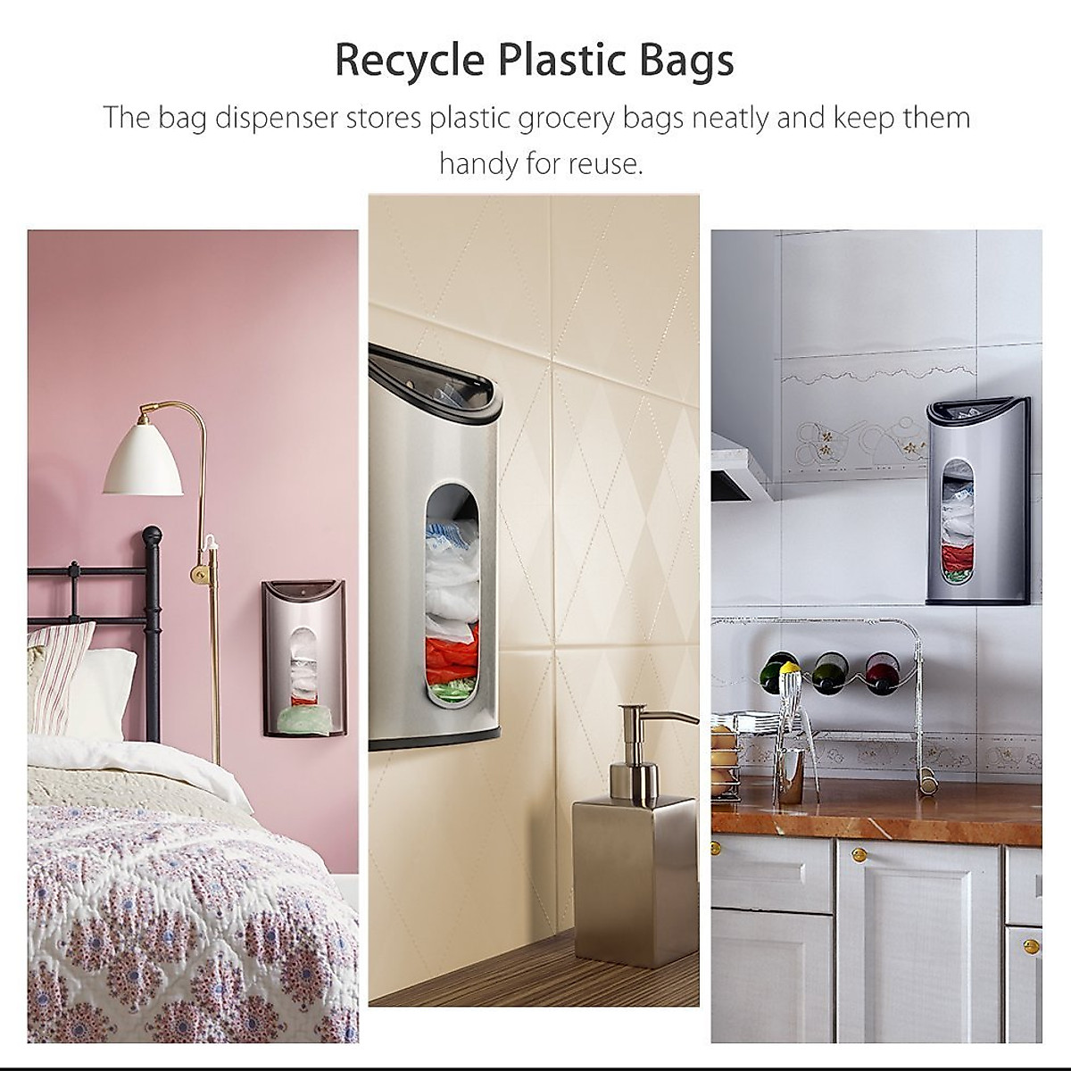 Queego Grocery Bag Holder,Dispenser,Saver,Wall Mount Stainless Steel Bag Dispenser,Sturdy Grocery Bag Holder with Screws Adhesives Decorative Plastic Bag Holder for Kitchen Pantry Cabinet