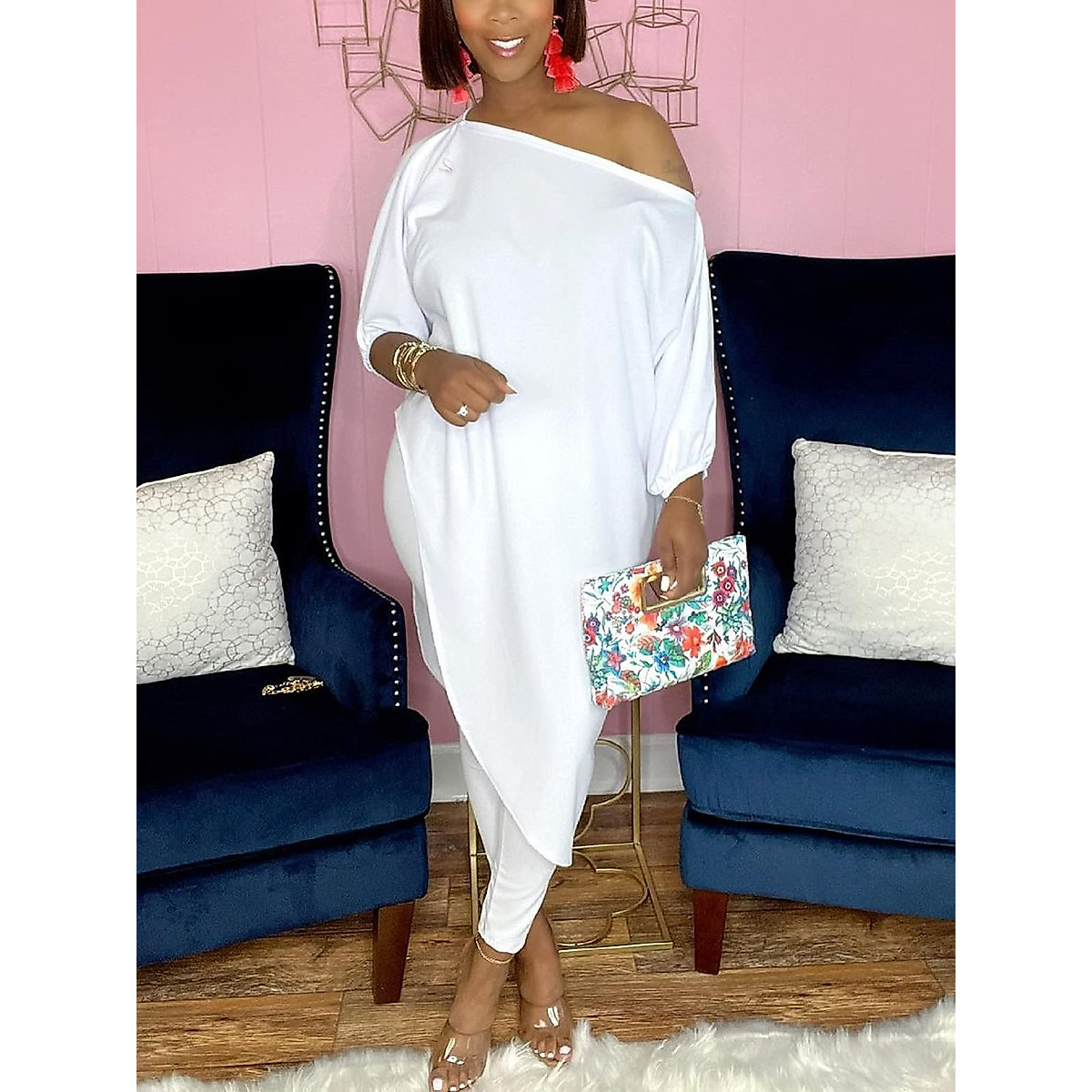 imbpceu Women's Sexy Matching Sets Oversize Tunic Top Bodycon Long Pants Two Pcs Oversized Outfits White L