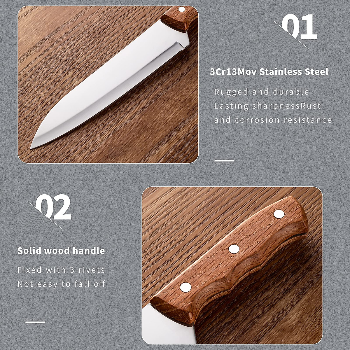 feng&feng 8-Inch Chef's Knife - Stainless Steel Blade, Wood Handle, Three Rivets - Sharp, Durable Kitchen Knife