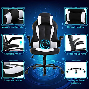 Gaming chair Office Chair Desk Chair Massage Ergonomic High Back Computer Chair with Lumbar Support Flip-up Arms Headrest PU Leather Height Adjustable Swivel Executive Chair for Women Men Adult