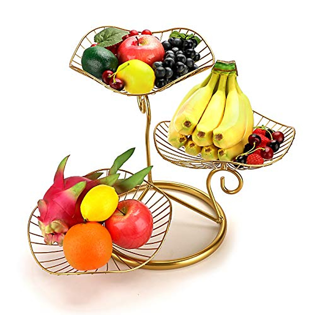 OwnMy 3-Tier Fruit Basket Stand Decorative Iron Fruit Bowl, Metal Wire Fruit Holder Storage Trays Table Countertop Holder for Vegetables Bread Snack, Modern Fruit Bowls for Kitchen Home Use (Gold)