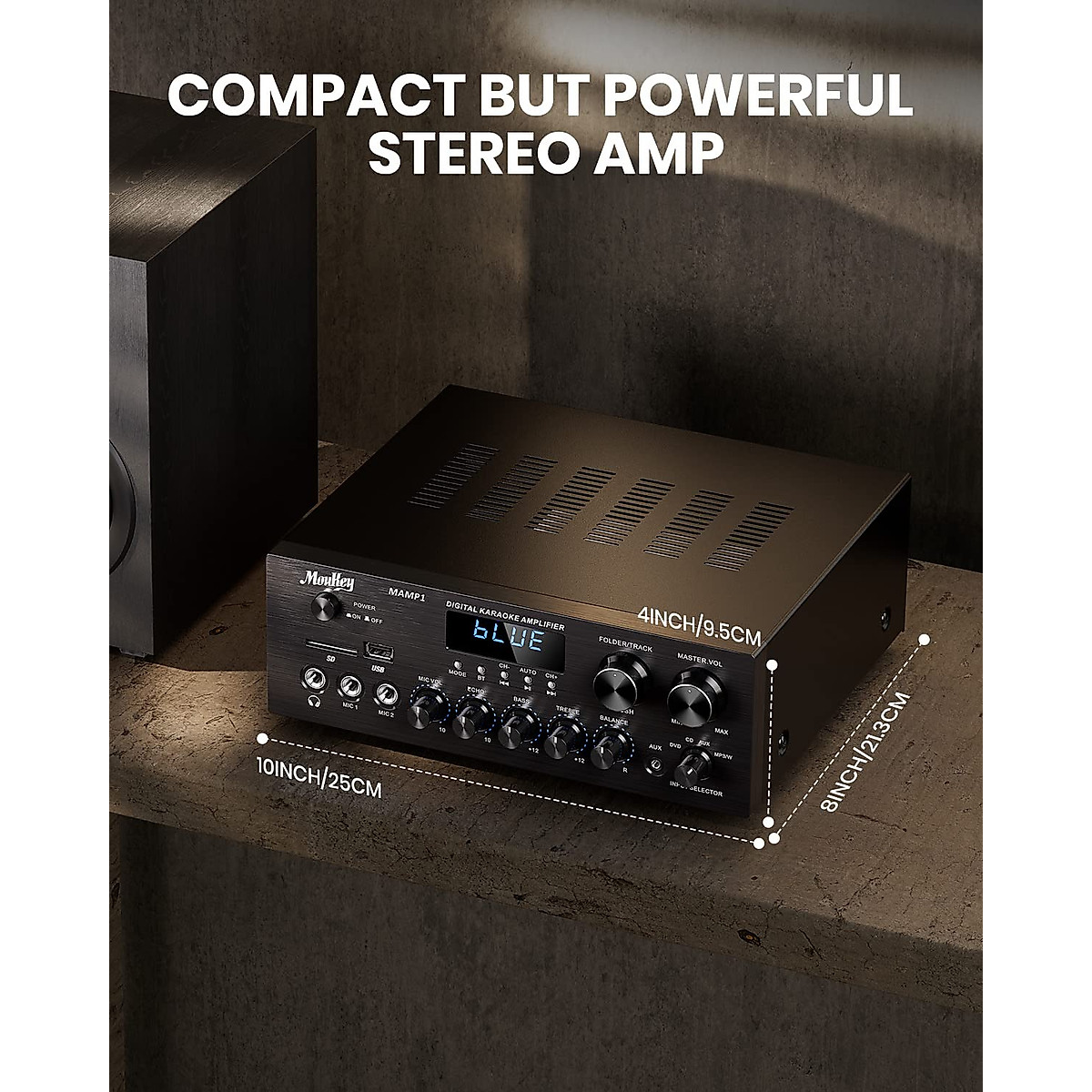 Moukey Home Audio Amplifier Stereo Receivers with Bluetooth 5.0, 220W 2 Channel Power Amplifier Stereo System, w/USB, SD, AUX, MIC in w/Echo, LED for Home Theater Speakers via RCA, Studio Use - MAMP1