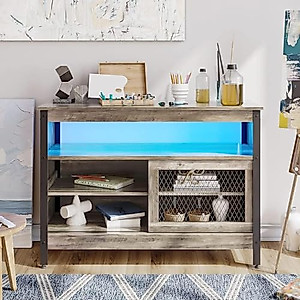 Bestier LED Buffet Sideboard, Farmhouse Storage Cabinet with Sliding Door, Open Compartment, Wood Coffee Bar Wine Bar with Adjustable Shelves - Grey