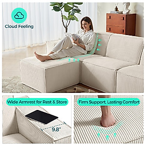 LINSY HOME Oversized Deep Modular Sectional Sofa, Cloud Couch L Shaped 4-Seat Sofa with Ottoman, Corduroy Sectional Couches for Living Room, No Assembly Required, Beige