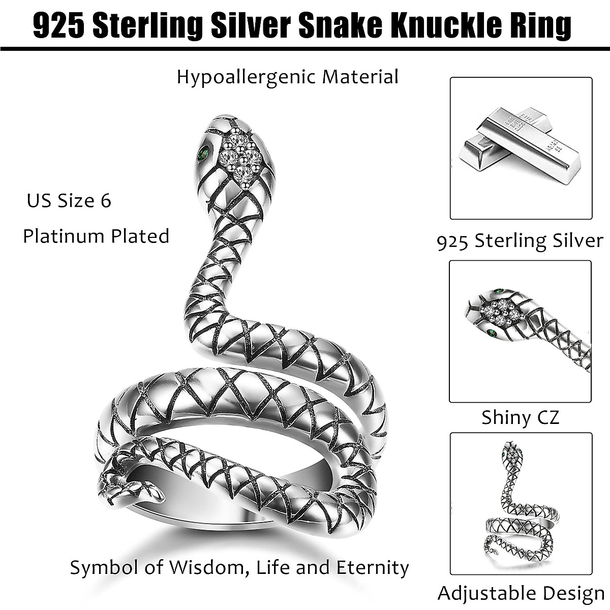 Sllaiss 925 Sterling Silver Snake Ring for Women White Gold Plated Vintage Punk Rings Adjustable Open CZ Animal Snake Finger Ring Jewelry