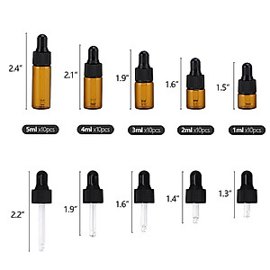 50Pcs Amber Glass Dropping Bottles 1ml 2ml 3ml 4ml 5ml Mini Essential Oil Dropper Bottles Empty Travel Sample Vials with Black Cap for Essential Oils, Aromatherapy, Cosmetic, Laboratory, Traveling