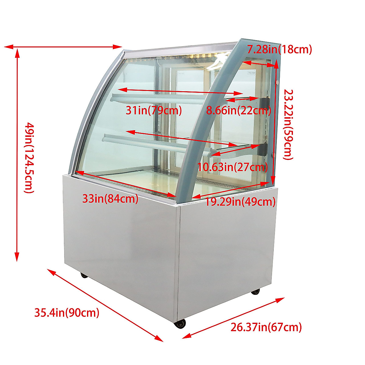 INTSUPERMAI Glass Bakery Display Case 35inch Floor Standing Refrigerated Cake Showcase Bakery Cabinet Display Refrigerators Cake Showcase Arc Back Door LED Lighting 220V Automatic Defrost