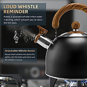 Tea Kettle Stovetop - HIHUOS 2.6QT Whistling Teapot with Removable Spout - Stainless Steel Tea Pots for Stove Top, 3-ply Composite Base, Fast Boiling Teakettle Work for All Heat Sources (Black)