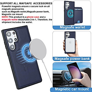 Ｈａｖａｙａ for Galaxy S23 Ultra case magsafe Compatible Samsung Galaxy S23 Ultra case Magnetic with Card Holder S23 Ultra Leather Phone case Magnetic Wallet Detachable for Men-Blue