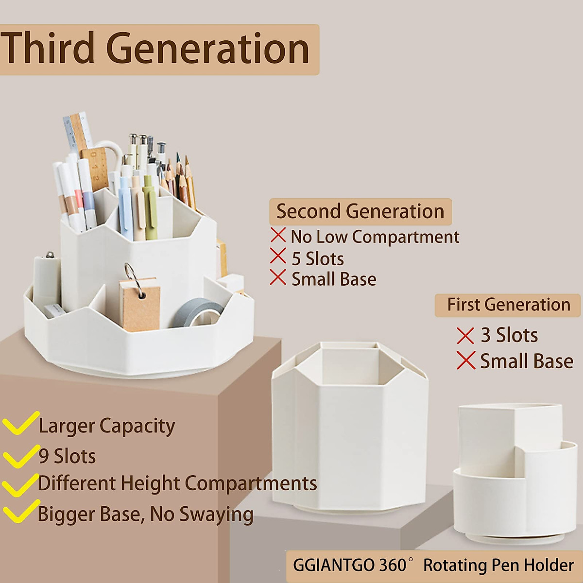 GGIANTGO Pencil Pen Holder for Desk, 9 Slots 360 Degree Rotating Desk Organizer, Cute Pen Organizers Stationery Supplies for Office Home & Art Supply (Beige)