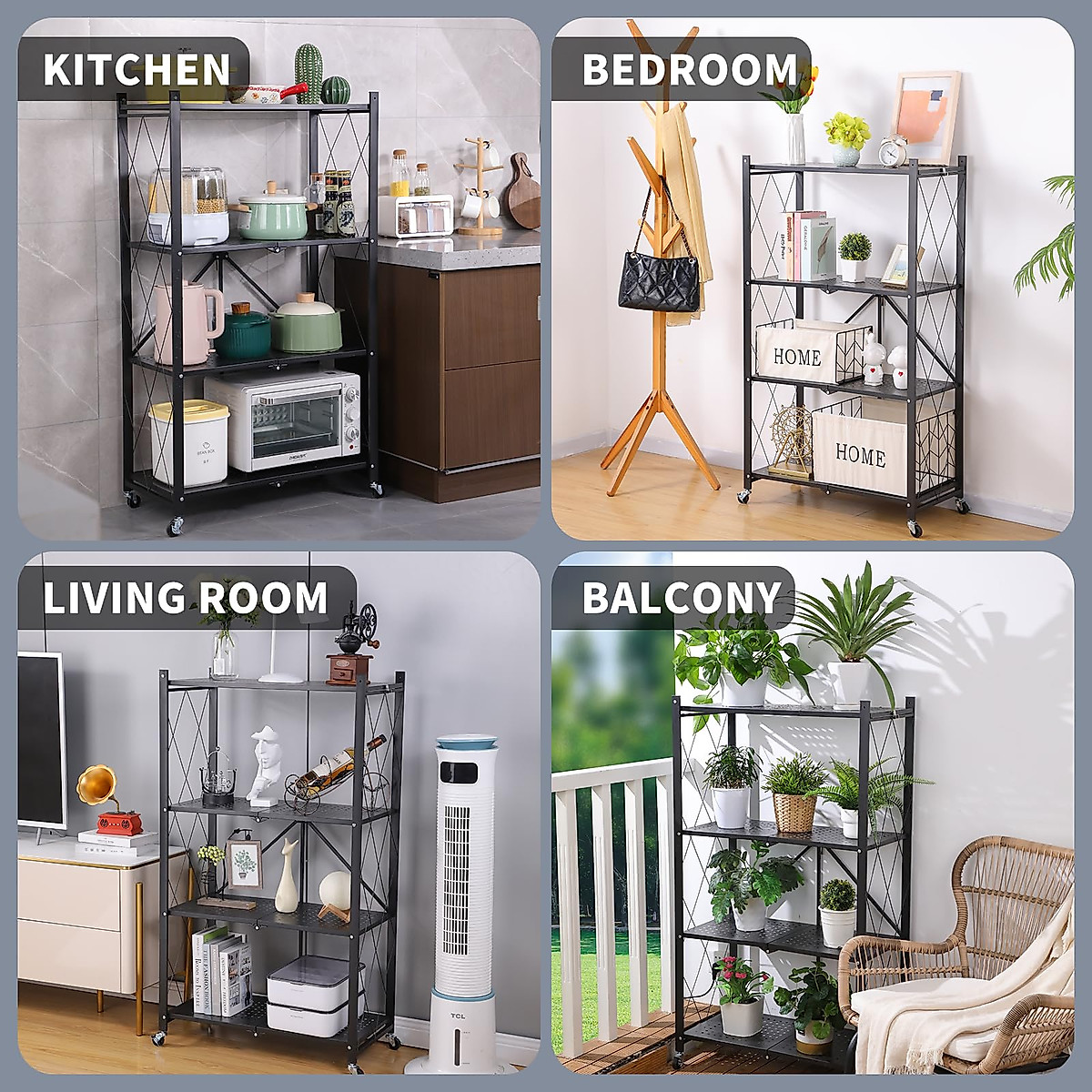 JOYBOS 4-Shelf Foldable Storage Shelves with Wheels, Heavy Duty Metal Shelving, No Assembly Organizer Wire Shelf Rack for Garage Kitchen, Basement, Pantry, Holds up to 1000 pounds…