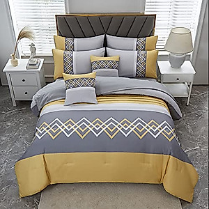 ENUULLAO Patchwork Stripe Comforter Set King Size, 6 Pieces Bed in A Bag,Grey and Yellow Patchwork Striped Comforter and Sheet Set,All Season Bedding Set(Grey/Yellow,King)