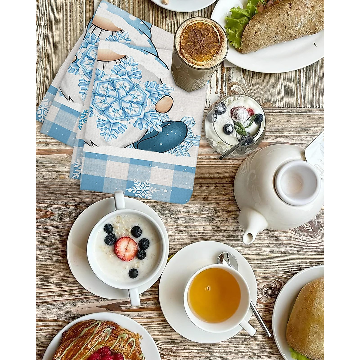 Blue Plaid Gnomes Winter Dish Towels Set, Waffle Weave Kitchen Towels Microfiber Towels Cleaning Christmas Snowflake Rustic Burlap Soft Absorbent Dish Drying Towels Hand Towels 2 Pack 15.7x23.6 In