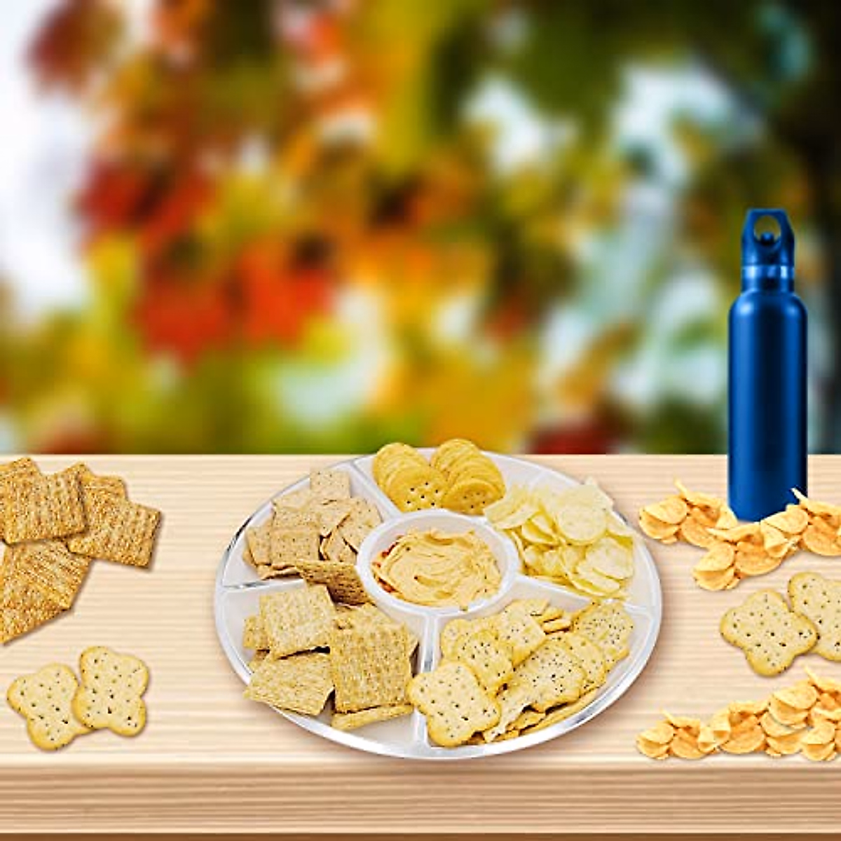 PARTY BARGAINS 6-Section Round Plastic Serving Tray, 12 inch, White with Silver Rim, Pack of 4, Reusable Platters for Appetizers, Fruits, Snacks, Charcuterie, Dessert