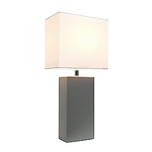 Elegant Designs LT1025-GRY Modern Leather Table Lamp with White Fabric Shade, Gray