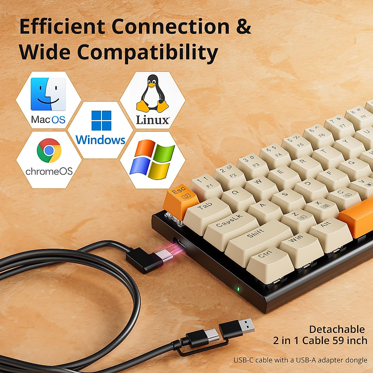 Redragon 60% Mechanical Gaming Keyboard, 68 Keys Wired Office RGB Keyboard with Arrow Keys, Programmable Macro, Red Switches for Windows Mac PC Laptop, Black/Beige/Orange