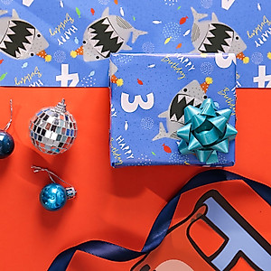 LeZakaa 3rd Birthday Wrapping Paper Sheets - Sharks with Birthday Hat Design - Perfect for Boys, Girls, Kids - 27.5 x 19.6 inches - 6 Sheets (22.4 sq.ft.ttl.)