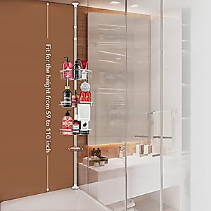 Lucalda Corner Shower Caddy Tension Pole, Stainless Steel Pole Organizer, Rustproof Shower Corner Shelf, Adjustable Shower Shelf with 4 Tier Baskets and 1 Towel Bar, 59-110 Inches, Silver