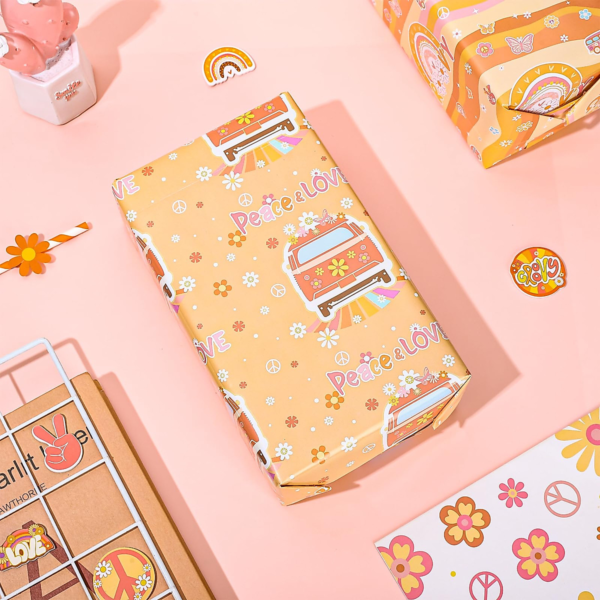 Whaline 12 Sheet Groovy Hippie Wrapping Paper 4 Style Boho Rainbow Daisy Pattern Packaging Paper Retro Groovy DIY Art Craft Paper for Birthday Baby Shower Party, 19.7 x 27.6 Inch, Folded Flat