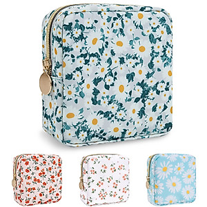 Nylon Mini Floral Makeup Bag for Purse, Small Cute Travel Makeup Bag Preppy Flower Cosmetic Zipper Pouch, Waterproof Coin Pouch Sanitary Napkin Storage Bag Make Up Organizer Set for Women(Green-Daisy)