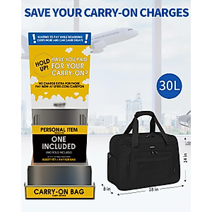 ECOHUB For Spirit Airlines Personal Item Travel Bag 18x14x8 Underseat Carry On Bag Water Resistant Duffel Bag Weekend Bag With Laptop Sleeve & Wet Pocket, Overnight for Men, 30L, Black