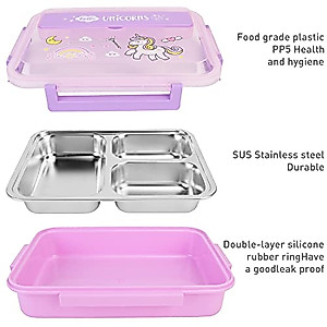 IAMGlobal Unicorn Stainless Steel Bento Box, 3 Compartments Thermal Insulation Food Storage Containers, Kids School Lunch Containers, Leakproof Lunch Box Tableware Set, Girls Food Storage(1.1L)