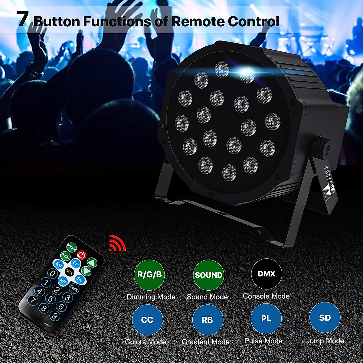 Missyee 18 RGB LED DJ Stage Uplight -DMX Control Sound Activated with Remote Control and 7 Modes LED for Wedding, Events, Christmas and Halloween Music Disco Party -R&D in USA -8 Pack