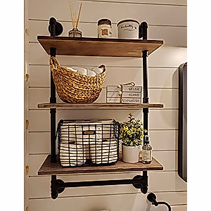 Industrial Bathroom Shelves Rustic Wood Shelves with Towel Bar 24" Farmhouse Shelf for Wall Pipe Shelving-3 Layer