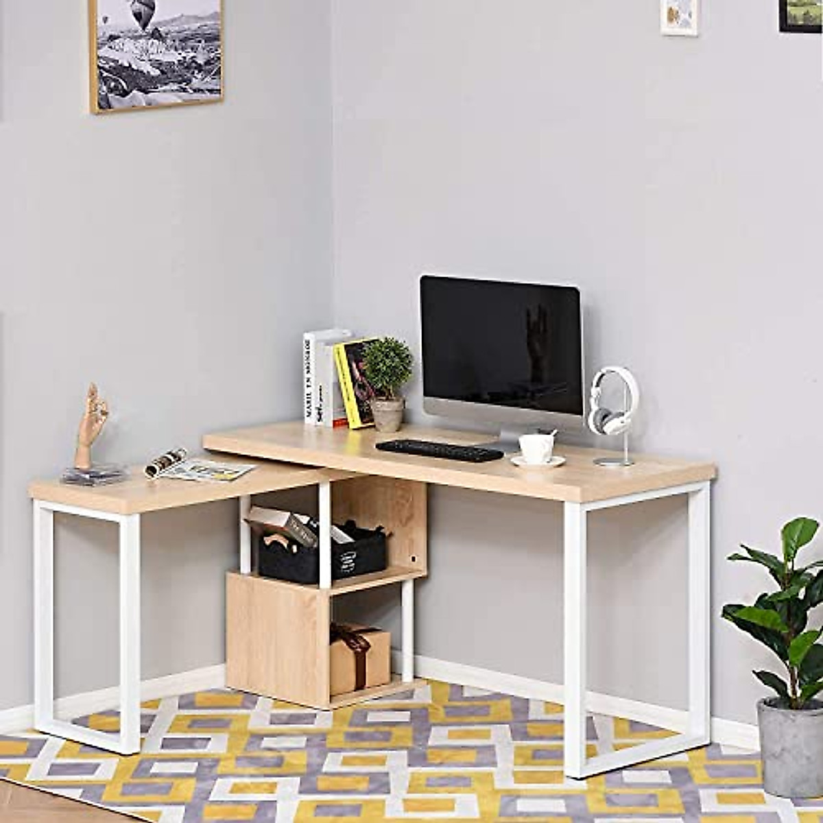 Royal Wood 55" 360° Rotating L-Shaped Home Office Computer Desk, Rotating Corner Desk with Storage Shelves, Left or Right Side Combo Table, Study Writing Desk Two Workstations, Oak