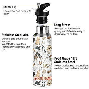 ALAZA Custom Dog Puppy Print Water Bottle with Name for Kids Girls with Straw Personalized Insulated Stainless Steel Water Flask Thermos for School Sport 20 Ounce