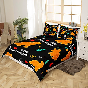 Feelyou Fried Chicken Nugget Bedding Set Queen Size Kids Cute Dino Comforter Cover Set for Boys Teens Dinosaur Duvet Cover Breathable Chicken Nuggets Bedspread Cover Room Decor Quilt Cover