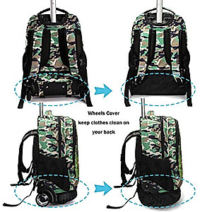 Tilami Rolling Backpack with Trolley Wheeled Design, Cute Cartoon Printed or Boys and Girls, Travel, School, Student Trip (19 Inch, Dinosaur)