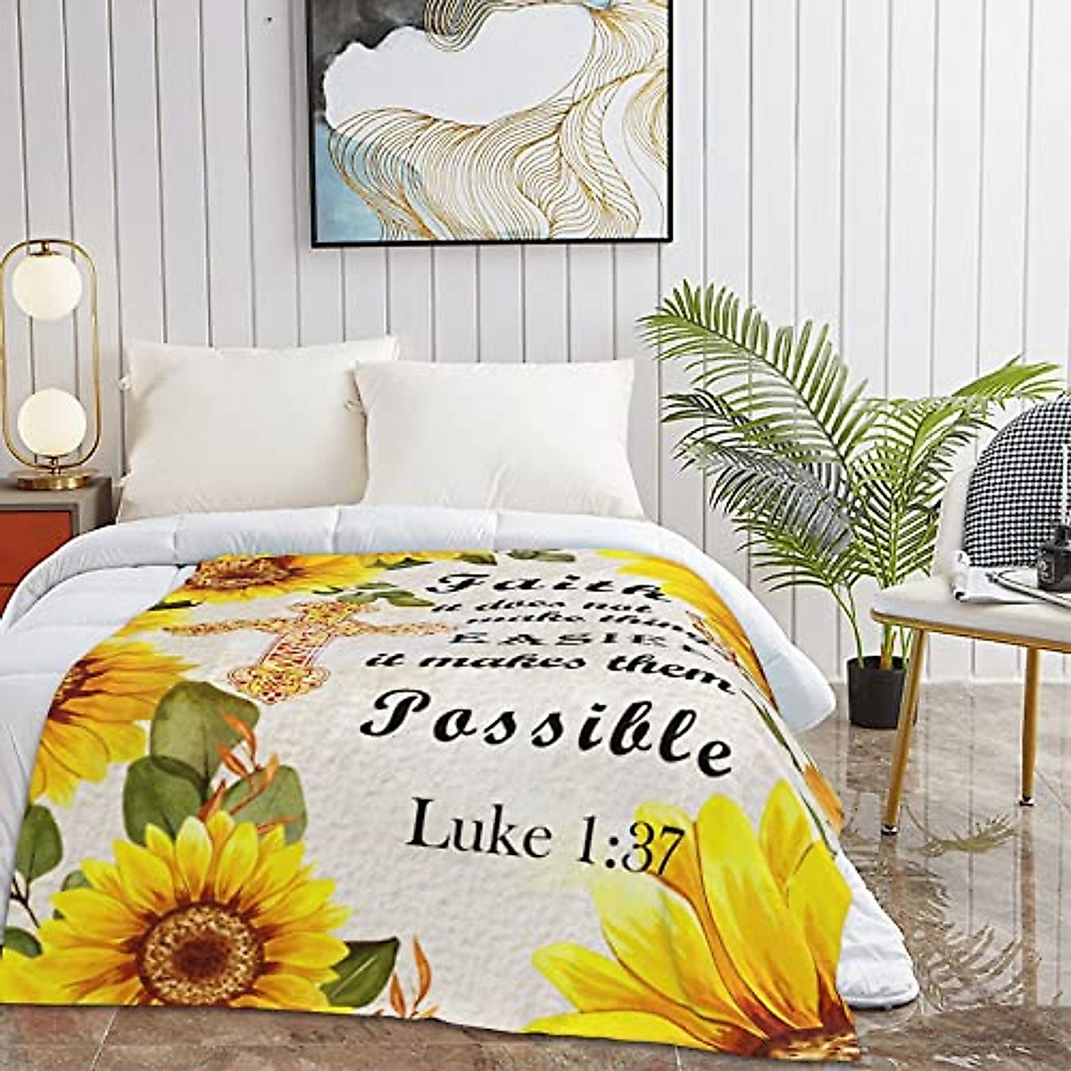 Sunflower Blanket Christian Gifts for Women, Inspirational Religious Scripture Throw Blankets, Sunflowers Soft Flannel Throw Blanket for Couch Sofa Bed, Sunflower Blankets Gifts for Women, 50"x60"