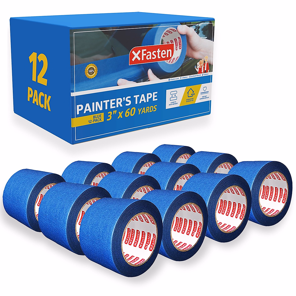 XFasten Blue Painters Tape Bulk 3-Inch x 60-Yards (12-Pack, 2160ft Total) Wall Safe Blue Painters Tape 3 Inch Wide, Blue Masking Tape Bulk, Blue Paint Tape for Walls, Painting, Automotive