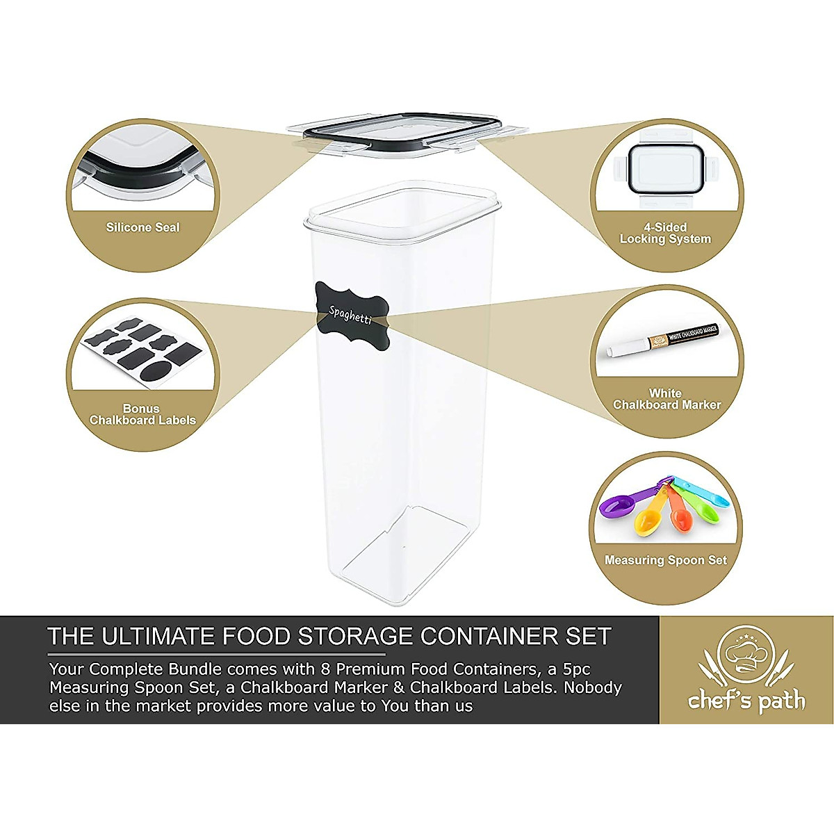 Chef's Path - Kitchen Storage Box Set - 8 Airtight Food Jars for Storing Spaghetti, Pasta, Flour, Cereals, Pet Food Preservation, BPA Free (3 quarts)