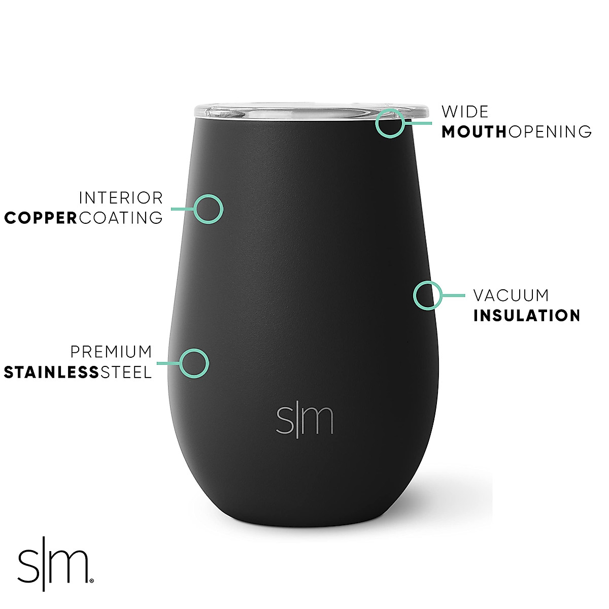 Simple Modern Wine Tumbler with Lid | Cute Stemless Glass Cup with Press-In Lid | Insulated Stainless Steel Coffee Mug | Gifts for Women Men Him Her | Spirit Collection | 12oz | Midnight Black