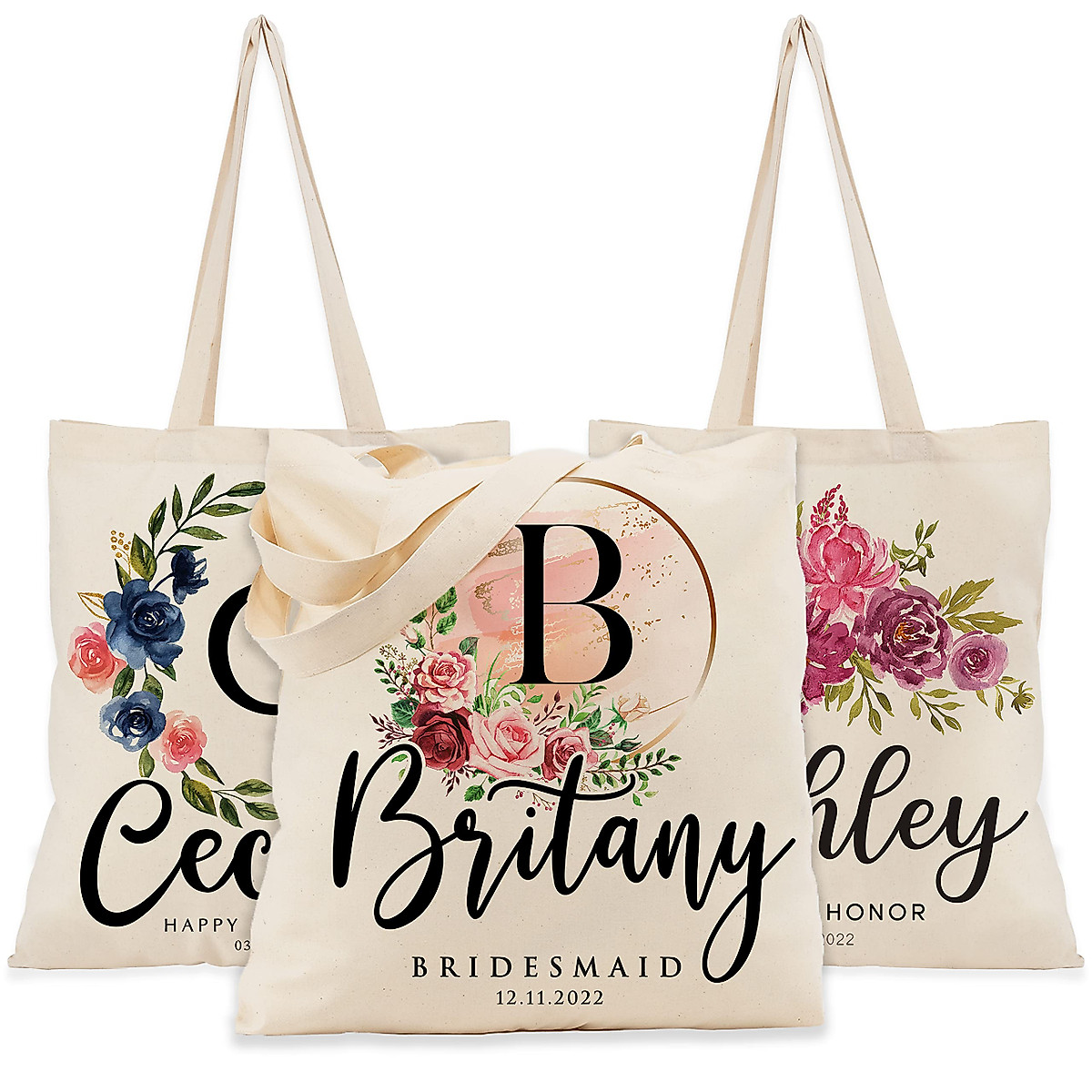 Personalized Floral Initial Tote Bags Gifts for Women - 9 Flower Designs Customizable w/Name Text Date - Custom Wedding Totes Bag Gift for Bridesmaid - Customized Monogrammed Shoulder Bag for Girls C1