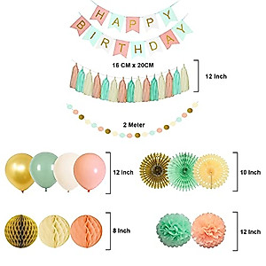Happy Birthday Decorations for Girls Women, Happy Birthday Banner, Hanging Paper Fan Honeycomb ball Tissue Pompoms Garland Balloons for Mint Green Gold Peach Birthday Party Decorations Supplies