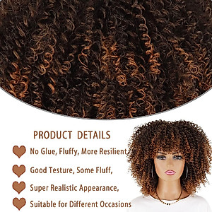 LINGHANG Short Curly Afro Wigs with Bangs for Black Women, Brown Afro Kinky Curly Wigs for Black Women Synthetic Heat Resistant Fluffy Brown Wigs (Ombre Brown)