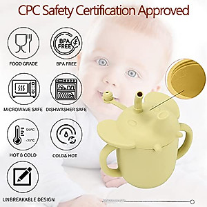 Silicone Sippy Cup for Toddler, Transition Straw Cups for baby 6 months+, 3 in 1 Elephant Training Sippy Cups for Babies with Cleaning Brush, Two Handles, Microwave Safe and Dishwasher, BPA Free, 7oz