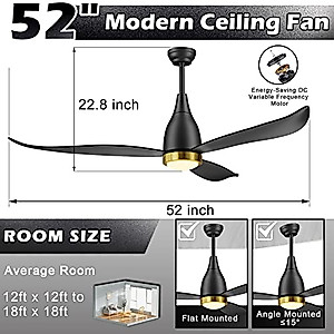 LEEAGLEGRY 52 Inch Black Ceiling Fan with Lights and Remote, Black and Gold Ceiling Fans with Dimmable LED Light, 3 Blade Modern Fan, Quiet DC Motor Tri-Color for Bedroom Living Dining Room