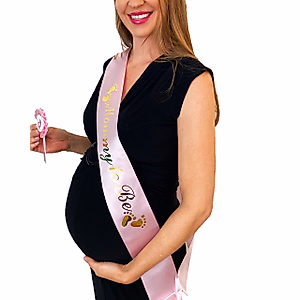 Shimmer Anna Shine Baby Shower Sash and Badge for Baby Shower Decorations and Gender Reveal Party (Pink)