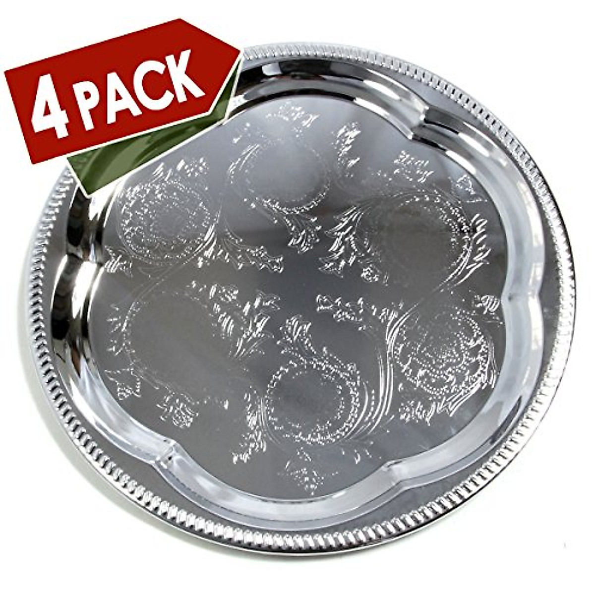 Maro Megastore (Pack of 4) 11.8-Inch Elegant Round Floral Pattern Engraved Catering Chrome Plated Serving Plate Mirror Tray Platter Tableware Decor Holiday Wedding Birthday Party (Small) T226s-4pk