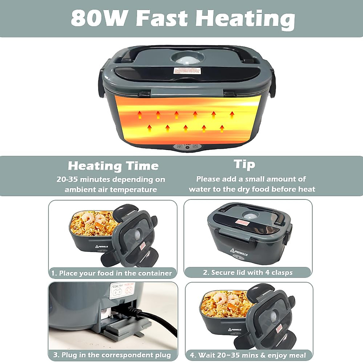 PHIWILLS 80W Electric Lunch Box 1.5L Container Food Warmer Heater, 12V/24V/110V Heated Lunchbox for Car/Truck/Work with 0.45L Compartment, Stainless Steel Spoon & Fork, Insulated Bag