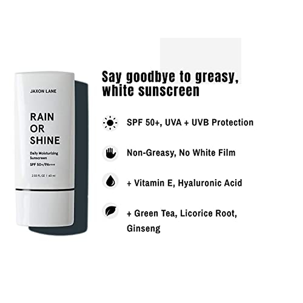 RAIN OR SHINE Anti Aging Face Sunscreen SPF 50 for Clear Skin w/Green Tea, Hyaluronic Acid, Vitamin C, Vitamin E Oil, Ginseng Extract, Licorice Root – SPF Moisturizer for Face, Fragrance Free 2.03 Oz