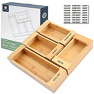 Dr.Bambu Ziplock Storage Bag Organizer, 4 Pack Bamboo Baggie Organizer for Kitchen Drawer, Reuseable Wooden Food Bags Box for Pantry Container, Compatible with Gallon, Quart, Sandwich, and Snack