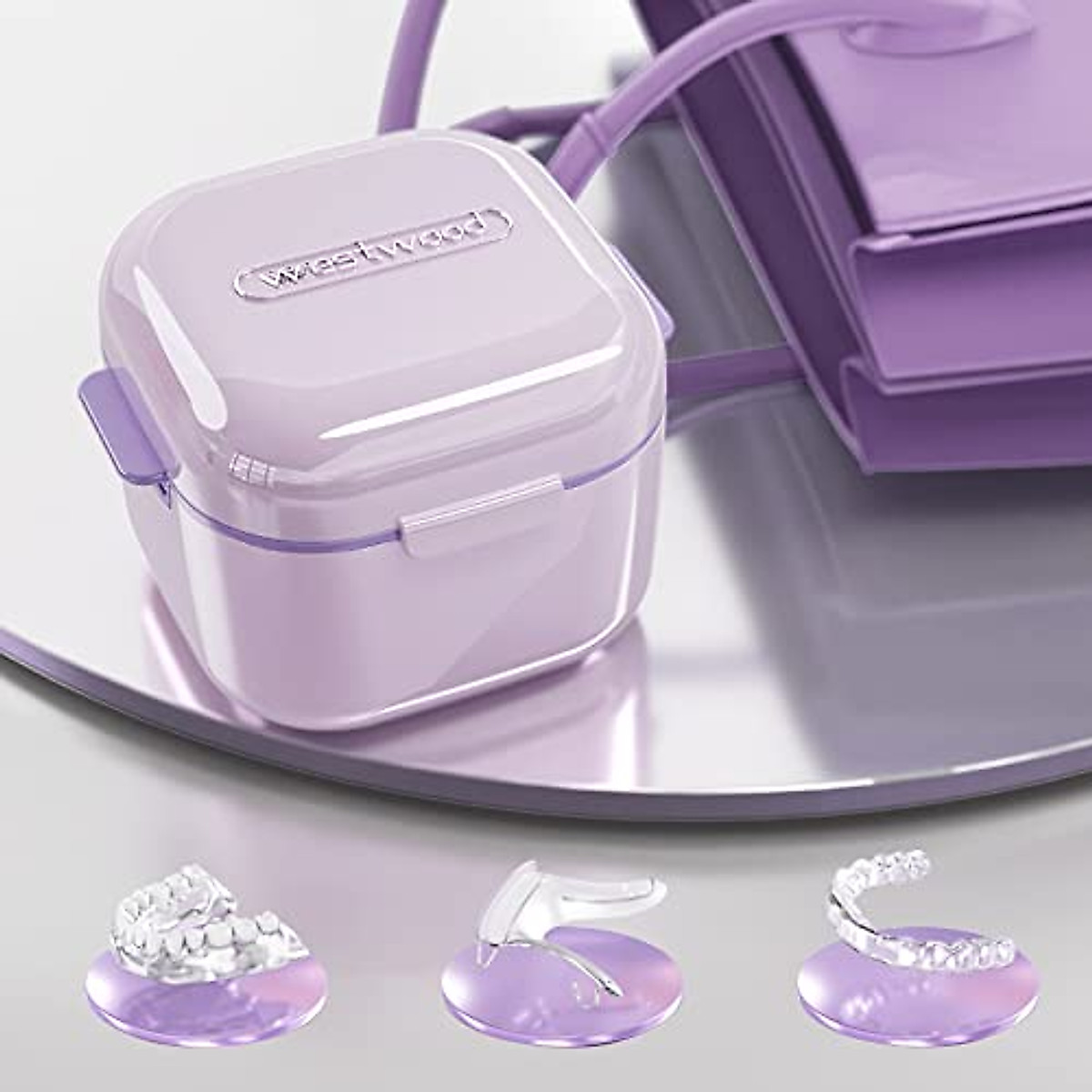 Denture Cup Bath，Portable Denture Case with Strainer Basket，braces False Teeth Storage Box Holder，Retainer case Cleaning，Soak Cup，With braces chewable tablets and Extractor（purple）…